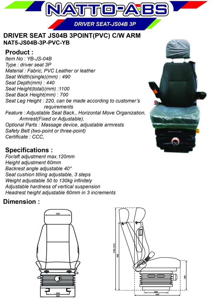 DRIVER SEAT JS04 HYDRAULIC MECHANICAL 3 POINT WITH ARMREST - NATTO ABS