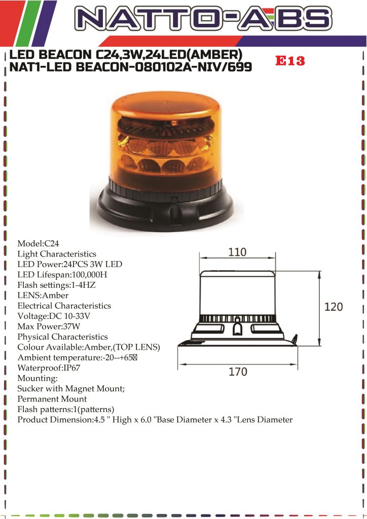 Amber beacon light magnet warning emergency light
