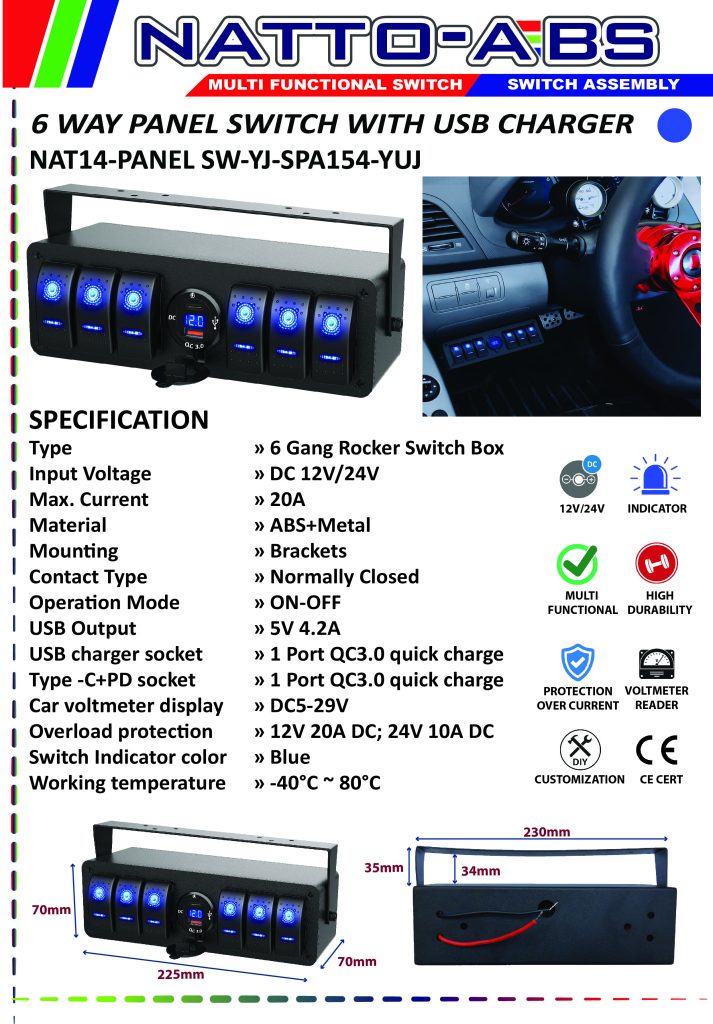 6 GANG CAR SWITCH PANEL WITH USB CHARGER - NATTO ABS