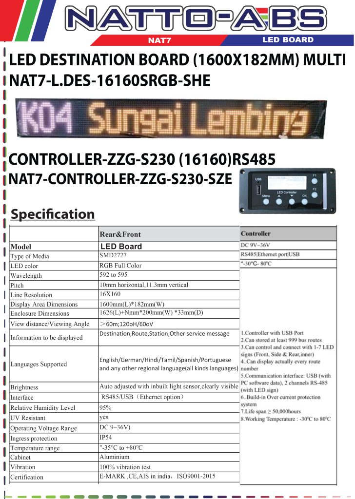 LED DESTINATION BOARD (MULTI COLOUR) WITH CONTROLLER - NATTO ABS